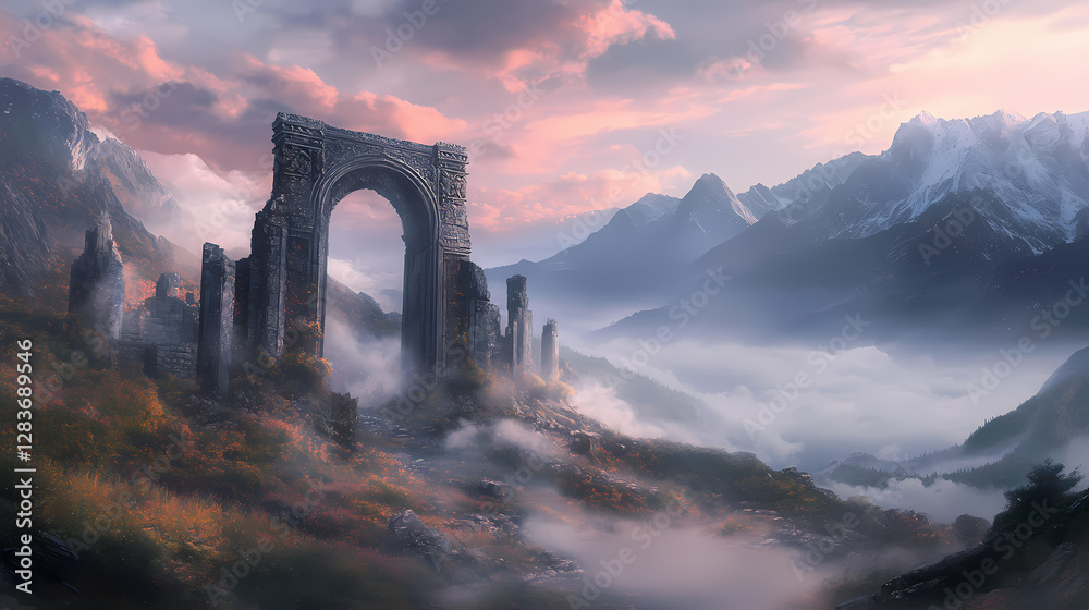 Mystical ruins overlook a foggy mountain valley suggesting a portal to ...