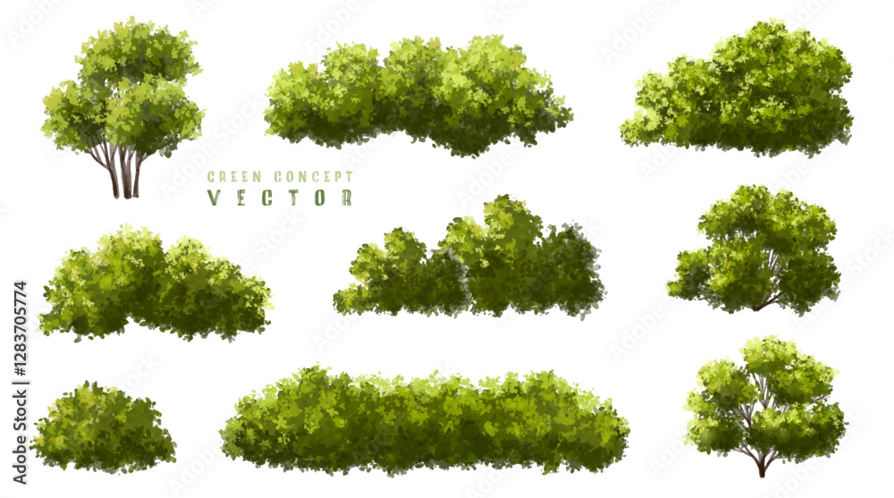 Vector watercolor green tree or forest side view isolated on white ...