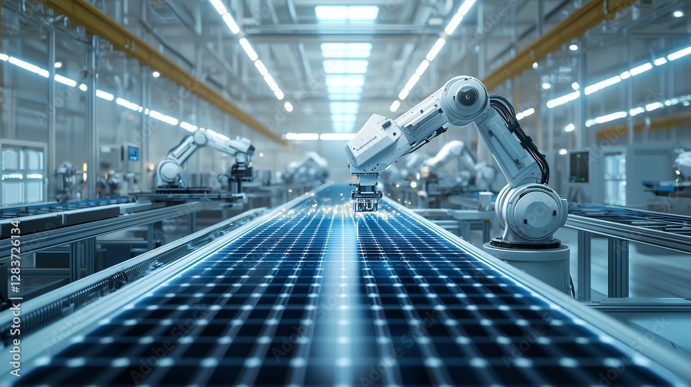 3D-rendered wide-angle view of a futuristic solar panel production line ...