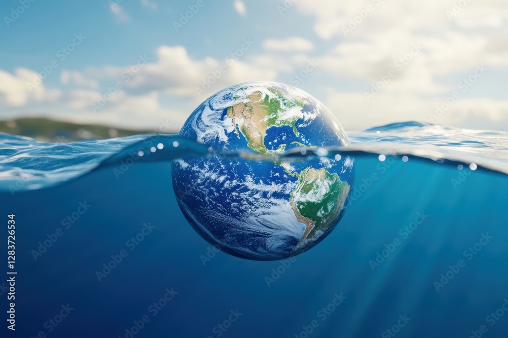 Half-submerged Earth in the ocean, split view above and below water ...