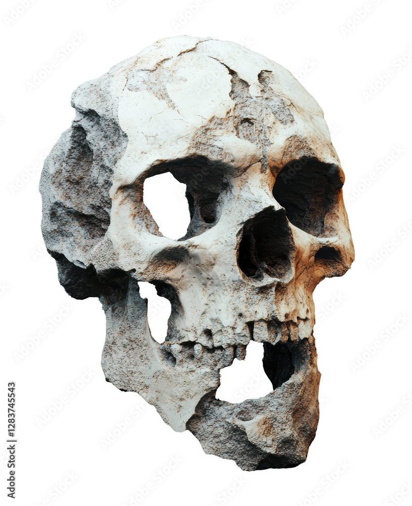 Ancient weathered human skull with eroded surface, hollow eye sockets ...