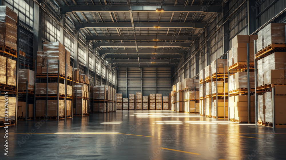 Warehouse store interior, logistics, cargo and goods delivery postal ...