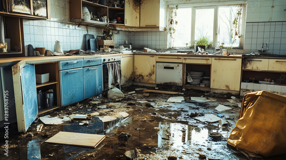 Flood in broken kitchen house room vector cartoon background. Pipe leak ...