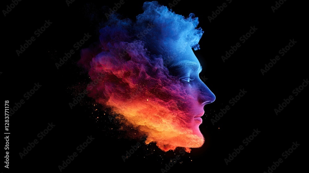 Human face dissolving into colorful particles, symbolizing humanity and ...