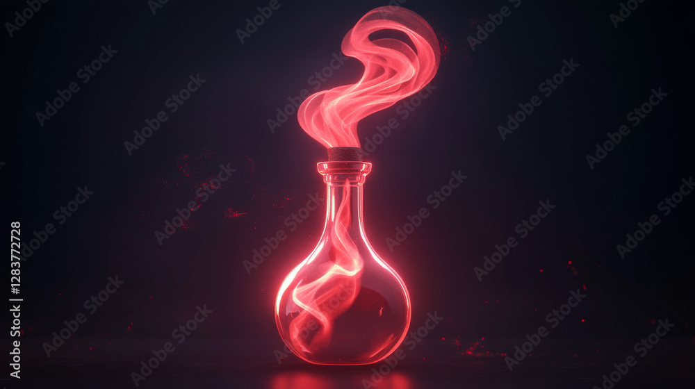Bottle with potion, magic elixir or poison and smoke cloud. Sprite sheet of red vapour from ...