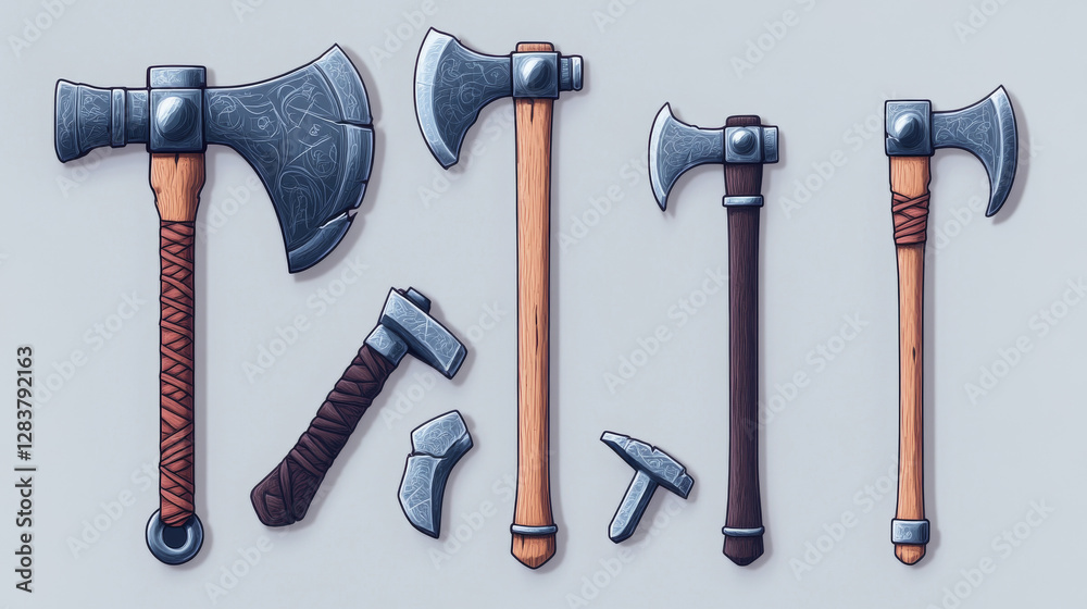 Axe, sword, pick, hammer and shovel for ui game design. Icons of old ...