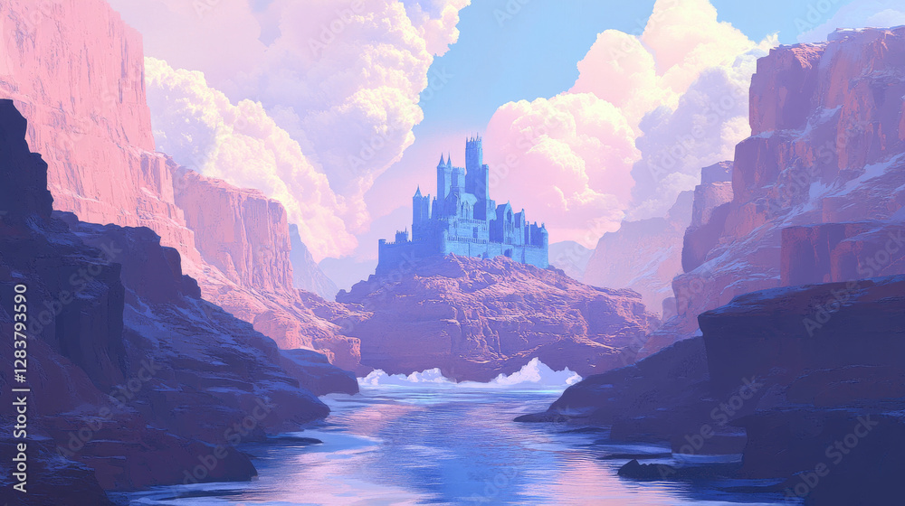 Magic blue castle on rock flying above river in canyon. Vector cartoon ...