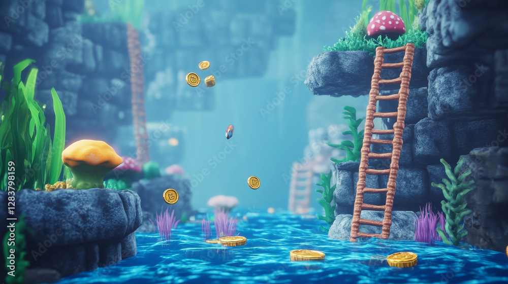 Floating rock islands vector game underwater landscape. Ui level map ...