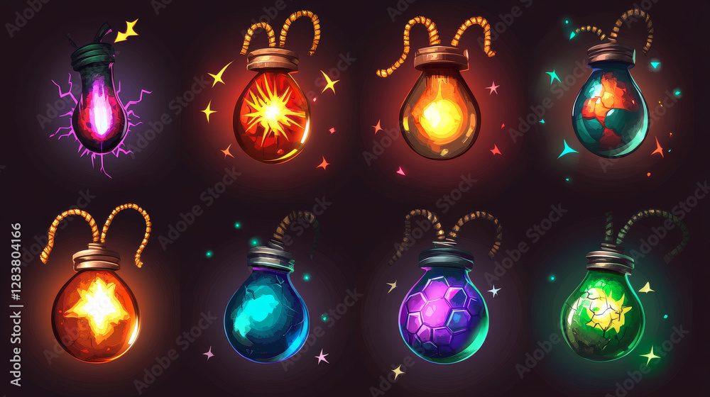 Bombs with fuse props game icons. Explosive military weapon with rope ...