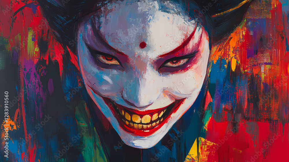 Acrylic oil painting portrait creepy smiling evil demonic geisha ...