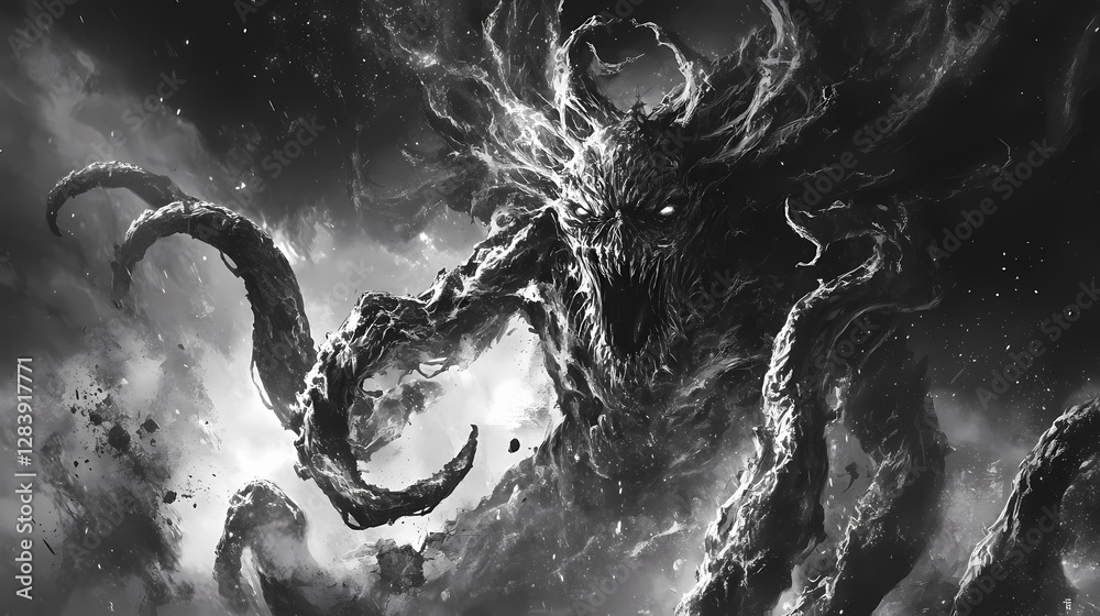 Primordial entity revealed: monstrous elder god in grayscale cosmic ...