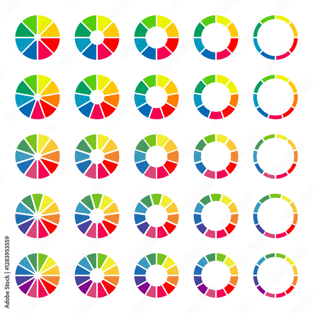 Donut charts, pies segmented on 8, 9, 10, 11, 12 equal parts. Wheels ...