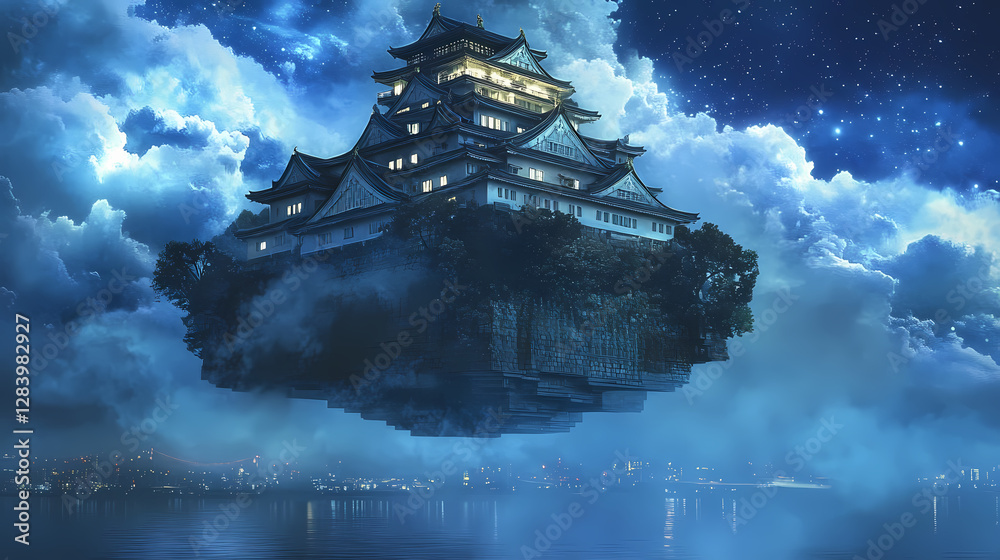 Surreal osaka castle: floating facade, japanese landmark, night sky ...