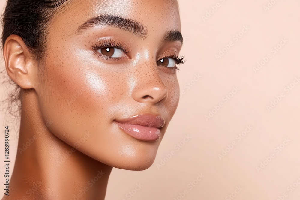 Minimal makeup portrait with glowing cheeks, high cheekbones, subtle highlights, modern clean ...