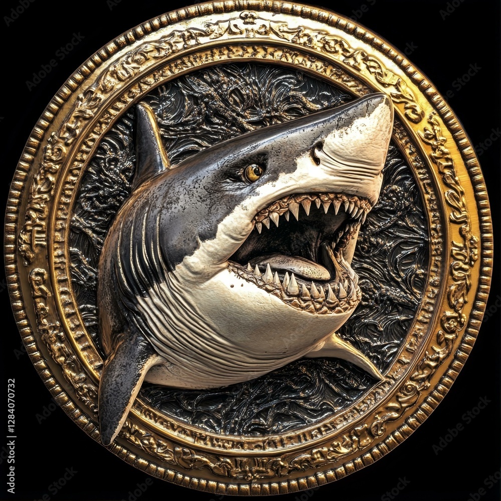 Detailed Shark Head Sculpture in Golden Frame with Intricate Ornate ...