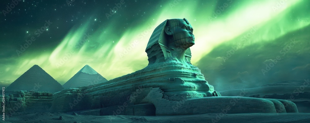 Sphinx and pyramids under northern lights in a starry night sky Stock ...