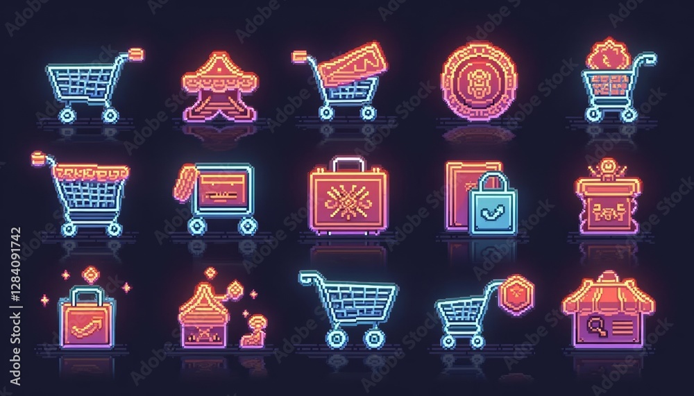 Collection Of Shopping And E commerce Pixel Art Icons With Neon Glow And Dark Background Concept ...
