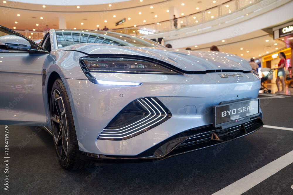 Penang, Malaysia - Feb 22, 2025: Close-up of the sleek front design of ...