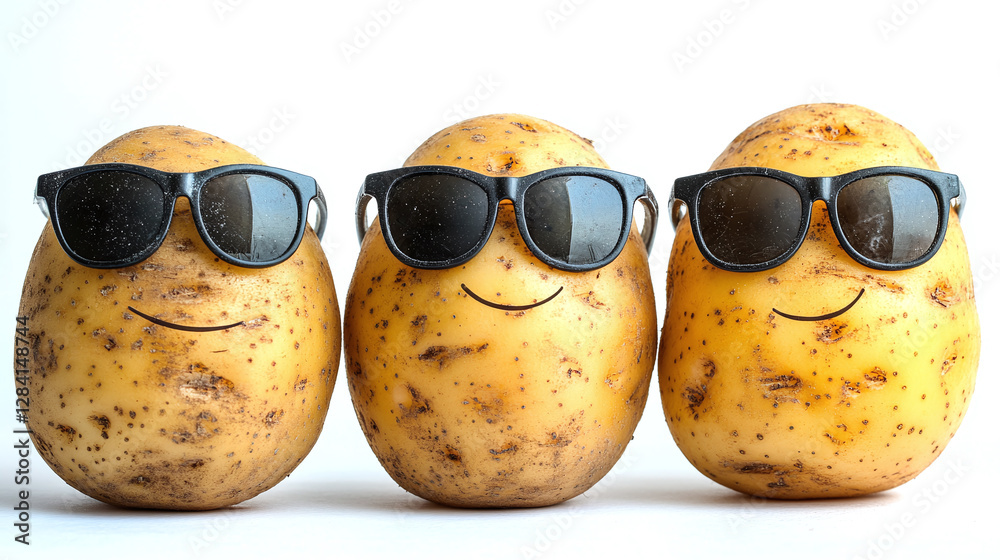 Three funny potatoes with human faces wearing sunglasses isolated on ...