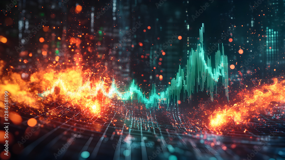 holographic stock chart with dual explosions, one side rising in green ...