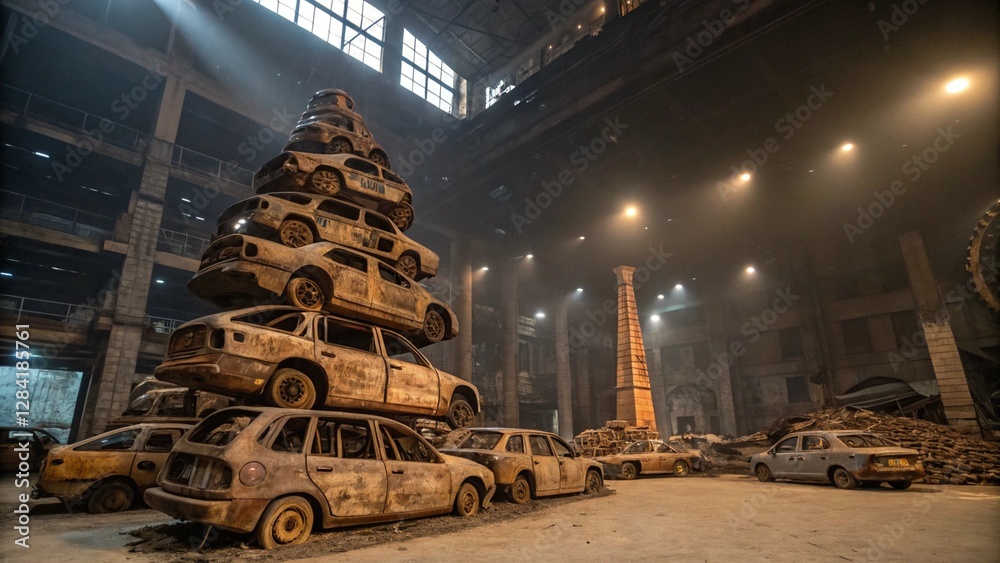 Grim view of a car graveyard with a pyramid of crushed vehicles inside ...