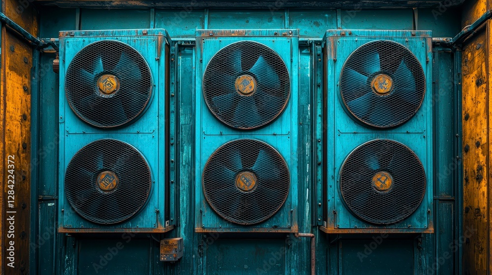 Six Industrial Cooling Units Arrayed in Rows of Two on a Weathered Blue ...