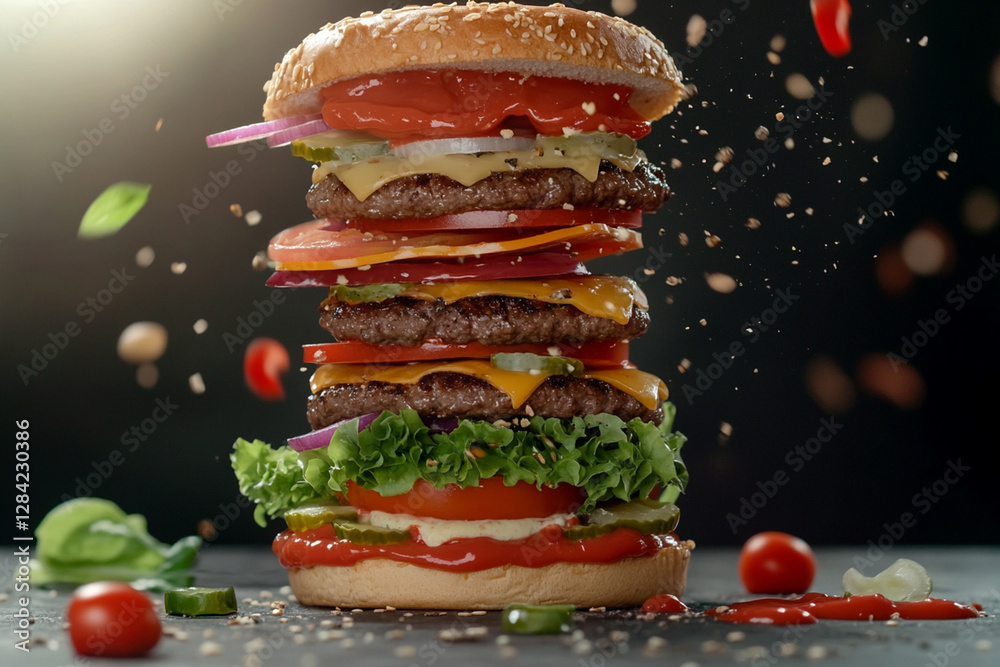Burger in flight with layers flying apart and slow motion effect Stock ...