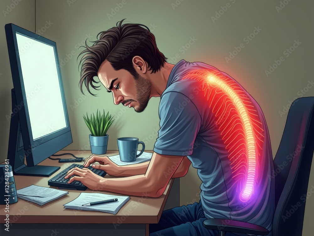 ภาพถ่าย Stock Ilustración de dolor de espalda causada por una mala ...