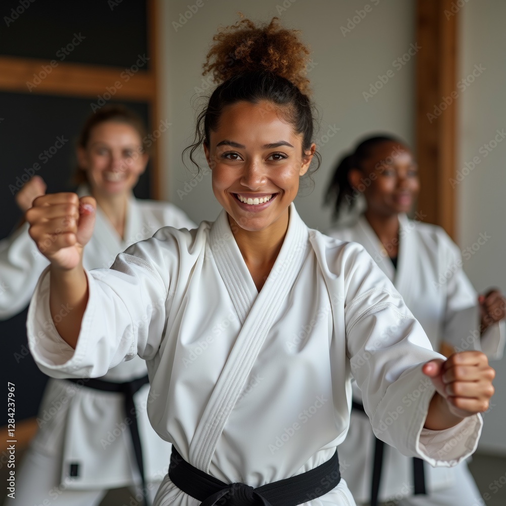 young woman wearing white karate uniform black belt she standing ...