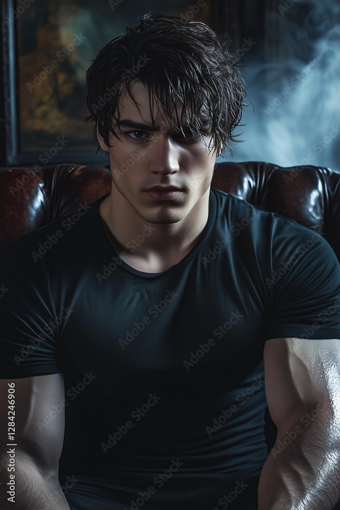 close-up photo of a mysterious, brooding young man with a chiseled ...