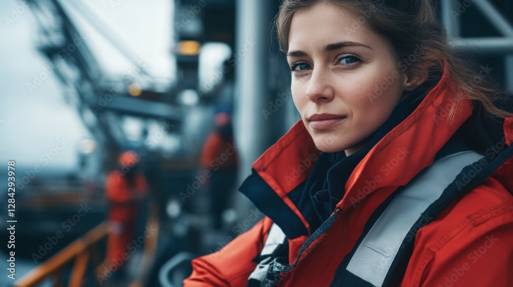 Confident Woman in Red Safety Jacket on Marine Platform During Work ...