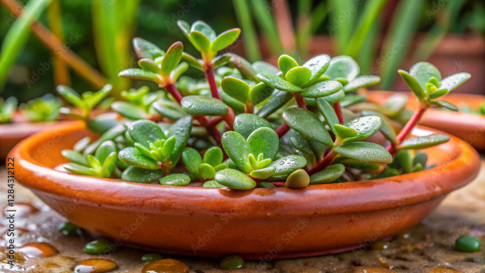 Succulent purslane sprawls on a terracotta plate. Dewdrops cling to its ...