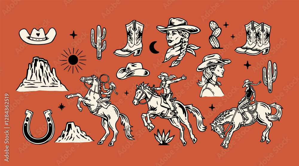 Vintage cowgirl riding and roping horses, perfect for Western-themed ...