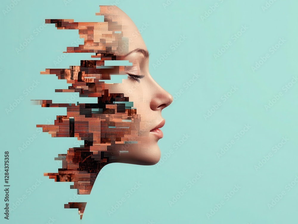 Human face breaking apart into pixels, data leaks and personal identity ...