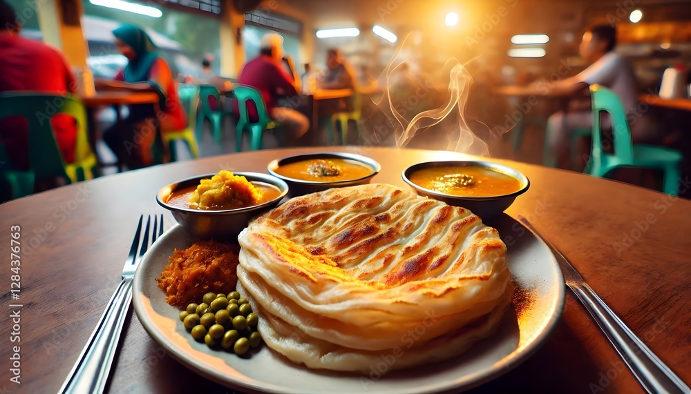 Roti canai is Malaysian favorite street food served on a white plate ...
