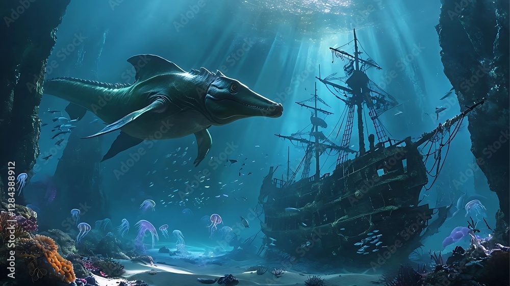 Prehistoric giant marine creature swims past a sunken pirate ship in an ...