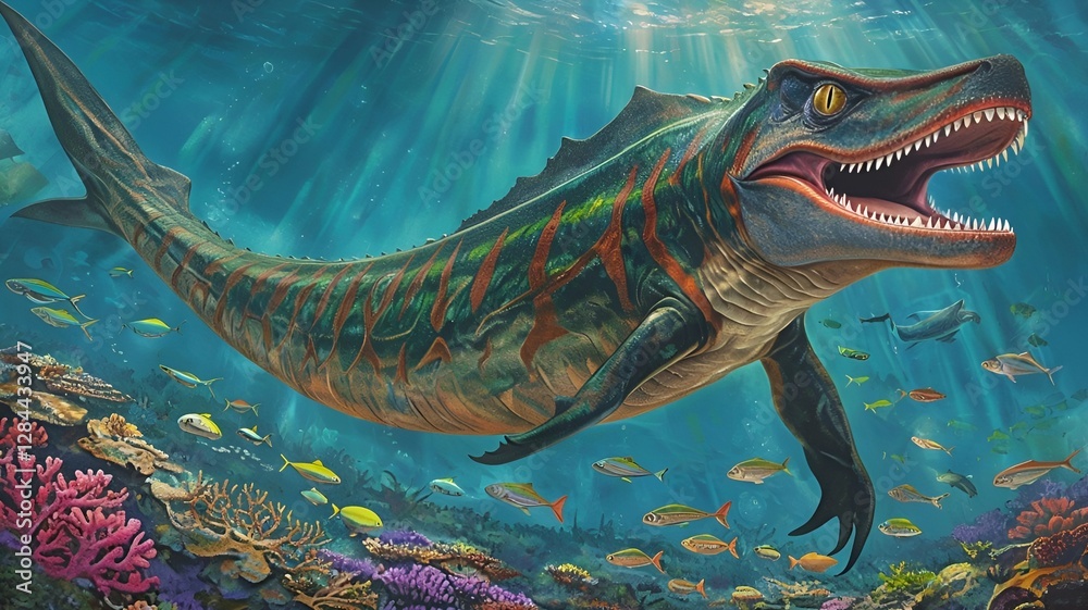 Massive mosasaurs swimming majestically above a vibrant coral reef ...