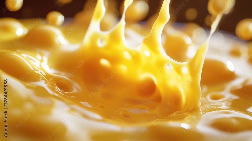 Melted cheese forming bubbles with a close-up view. Yellow and creamy ...