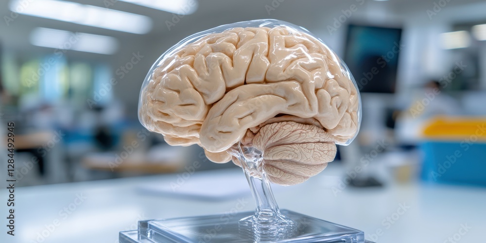 A detailed model of a human brain sits on a clear stand in a bright ...