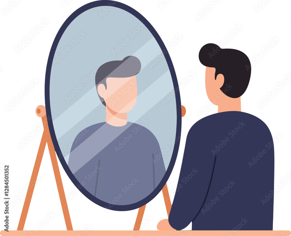 Man gazing into a mirror reflecting his image in flat vector ...