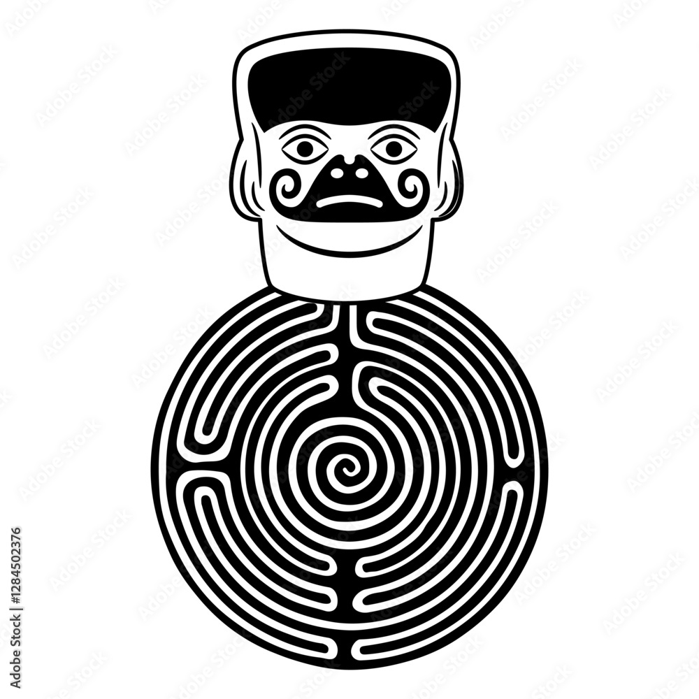Stylized human face on a round spiral maze or labyrinth symbol. Native ...
