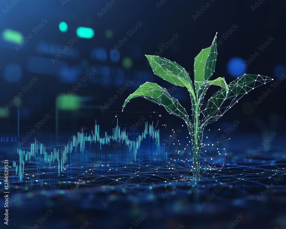 A low poly wireframe sprouting plant alongside dynamic candlestick ...