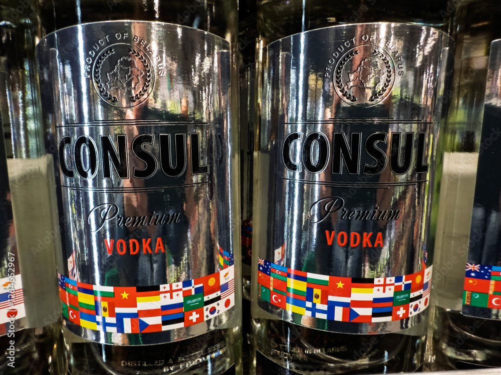 The Consul vodka bottle prominently displays the brand name alongside a ...