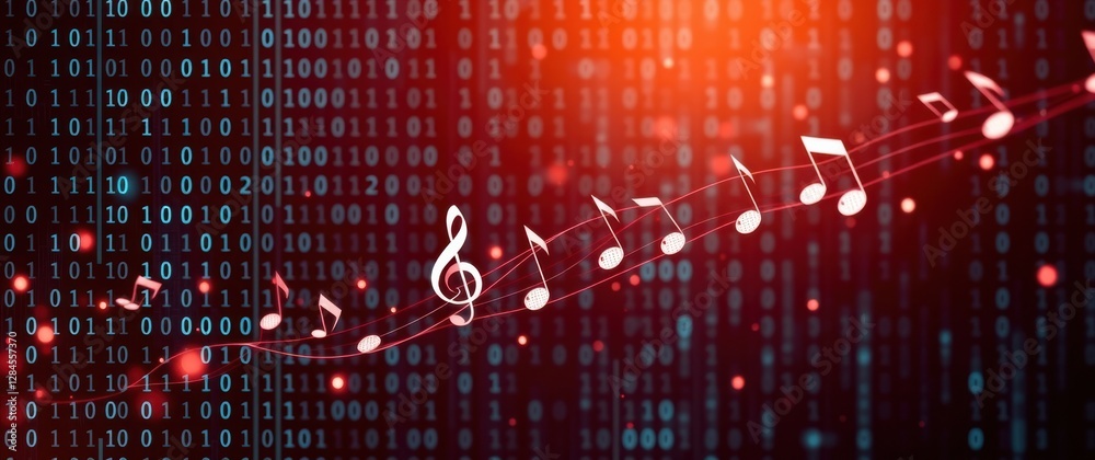 Digital Harmony: Music notes dance across a binary code backdrop ...