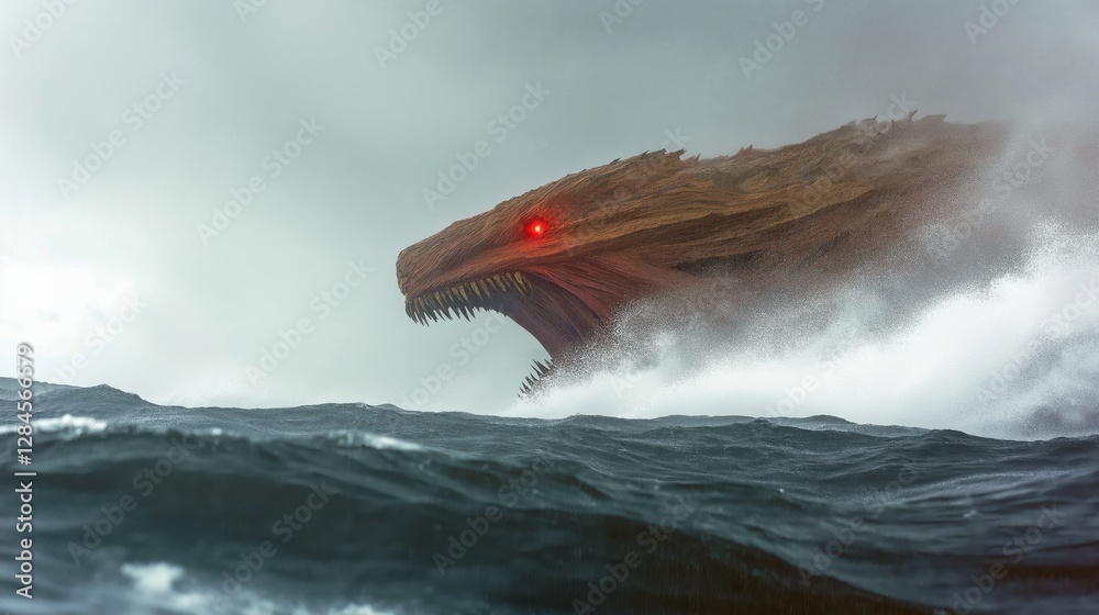 The terrifying Leviathan, with red eyes, large fangs, and enormous size ...