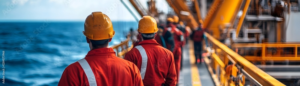 Workers in safety gear walking on a ship deck, showcasing teamwork in ...