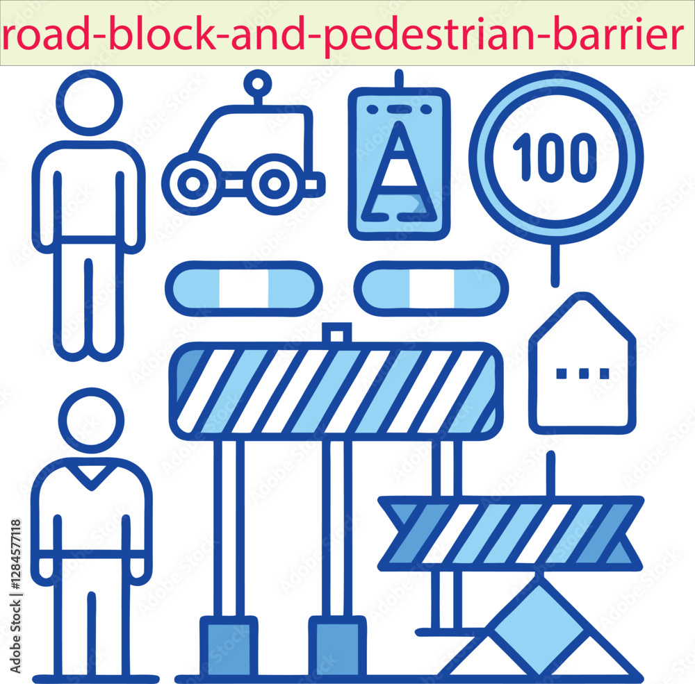 "Road Block and Pedestrian Barrier Icons Set" includes elements like ...