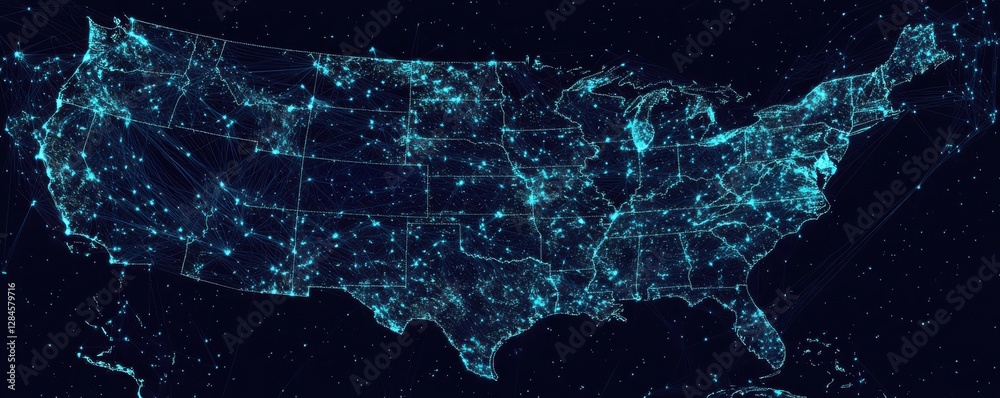 Glowing digital map of united states with connected nodes highlighting ...
