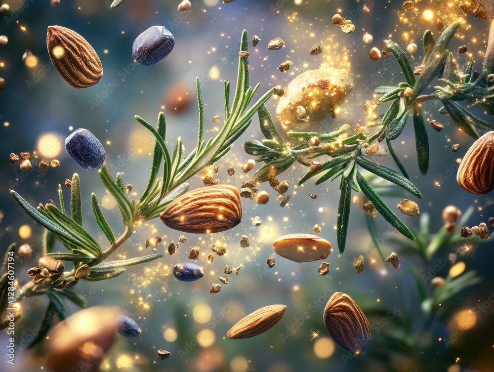Floating herbs and seeds create a magical culinary wonderland in a ...