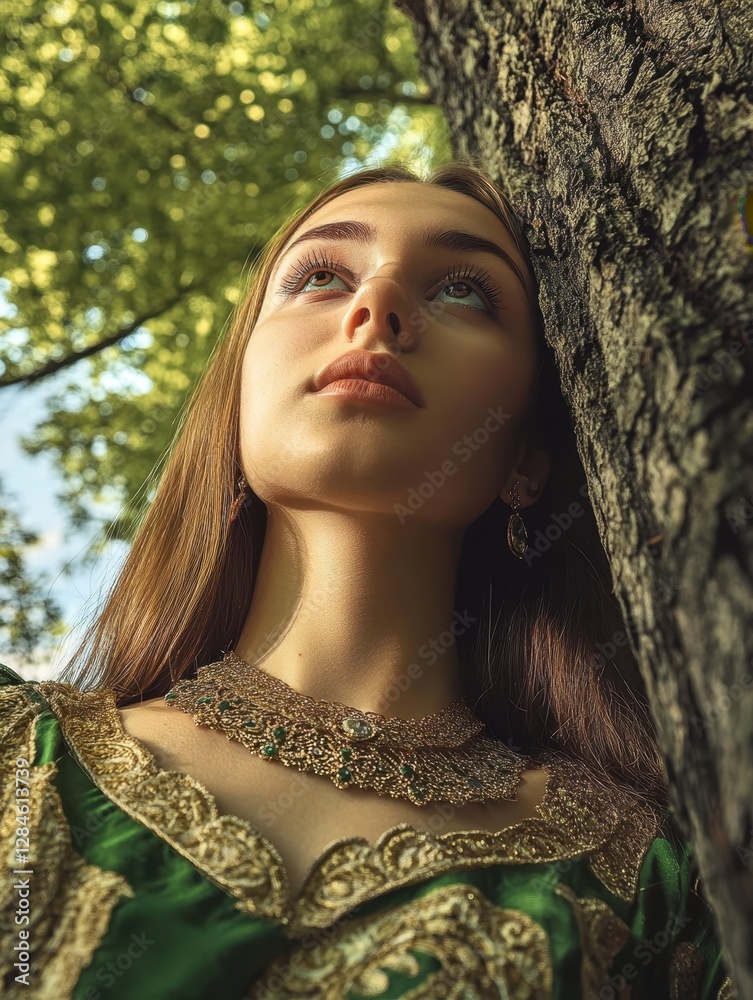 Enchanted moment of an Irish princess in a vibrant forest wearing ...